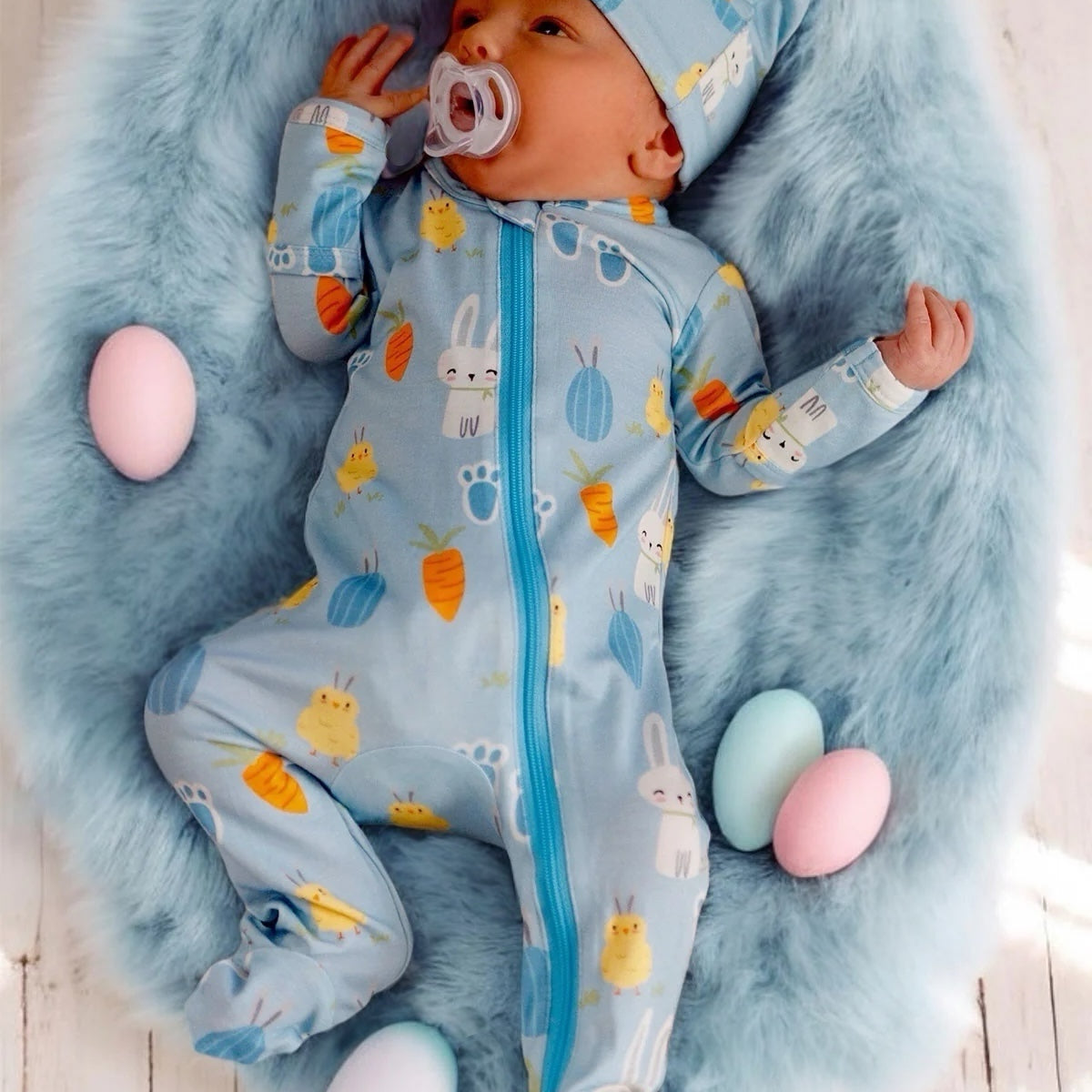 Basic 2-Way Zip Footie, Blue Easter Bunny – SpearmintLOVE